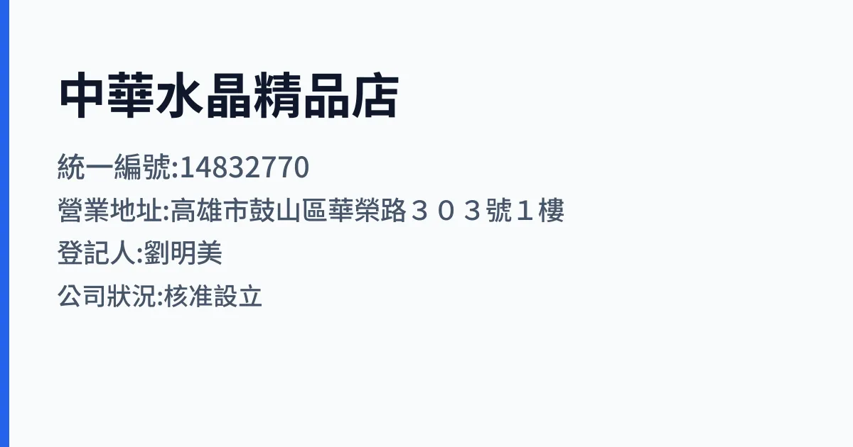 中華水晶精品店 - 統編 14832770（高雄市） 公司登記資料與營業項目詳細圖表