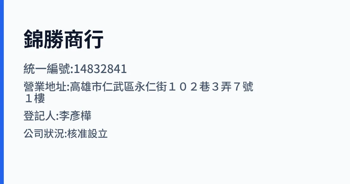 錦勝商行 - 統編 14832841(高雄市) 公司登記資料與營業項目詳細圖表