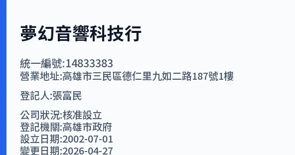 夢幻音響科技行的照片-統編 14833383(高雄市) 公司登記資料與營業項目詳細圖表