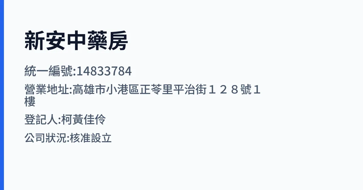新安中藥房 - 統編 14833784(高雄市) 公司登記資料與營業項目詳細圖表