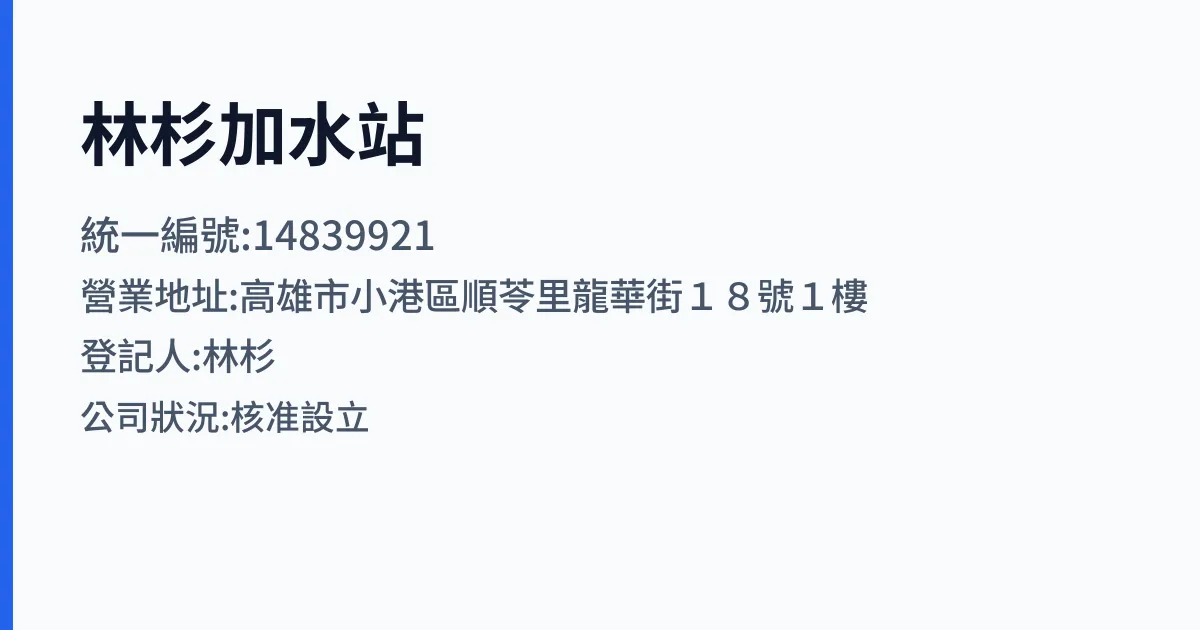 林杉加水站 - 統編 14839921(高雄市) 公司登記資料與營業項目詳細圖表
