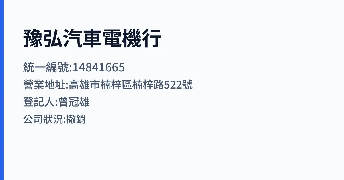 豫弘汽車電機行 - 統編 14841665(高雄市) 公司登記資料與營業項目詳細圖表