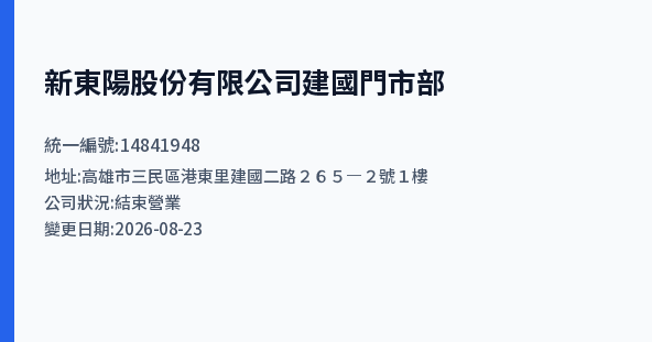 新東陽股份有限公司建國門市部的照片-統編 14841948(高雄市) 公司登記資料與營業項目詳細圖表