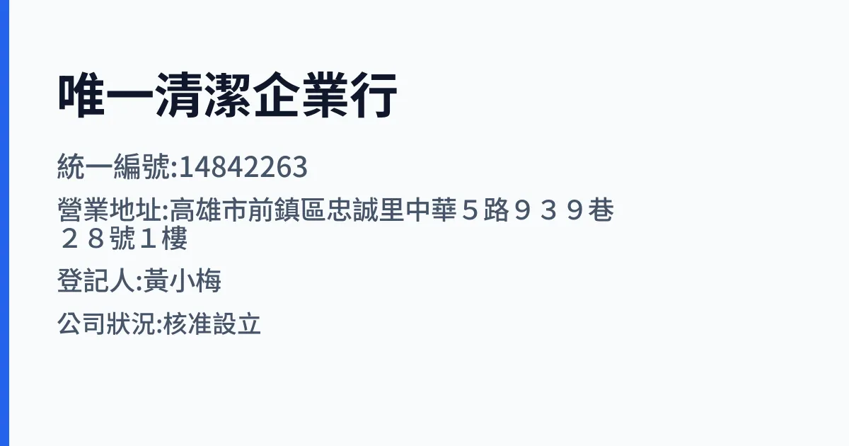 唯一清潔企業行 - 統編 14842263(高雄市) 公司登記資料與營業項目詳細圖表