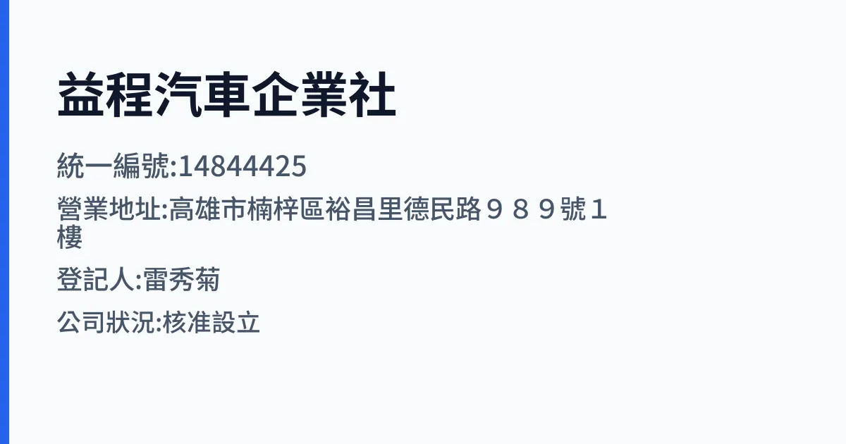 益程汽車企業社 - 統編 14844425(高雄市) 公司登記資料與營業項目詳細圖表