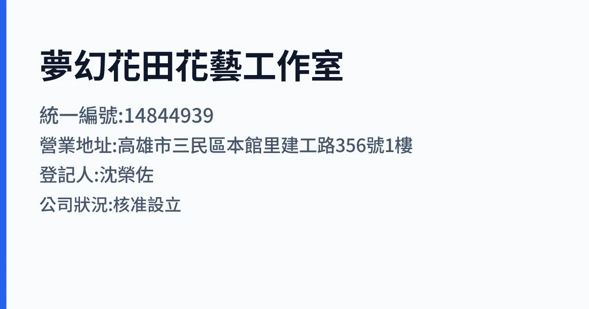 夢幻花田花藝工作室 - 統編 14844939(高雄市) 公司登記資料與營業項目詳細圖表