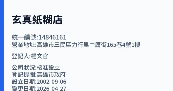 玄真紙糊店的照片-統編 14846161(高雄市) 公司登記資料與營業項目詳細圖表