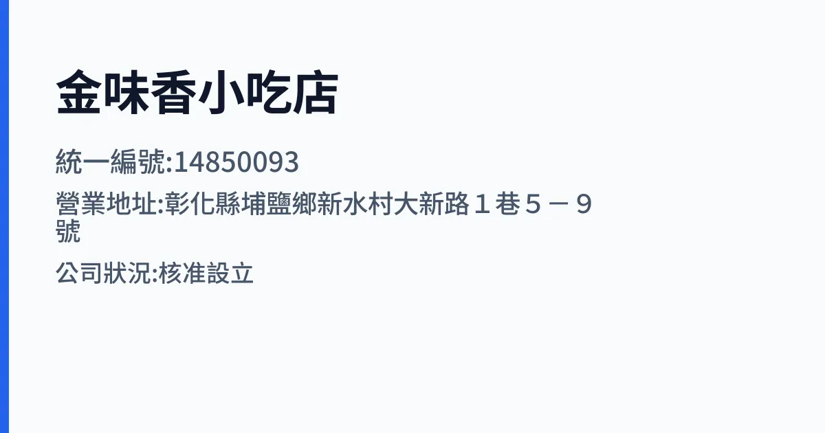 金味香小吃店 - 統編 14850093(彰化縣) 公司登記資料與營業項目詳細圖表