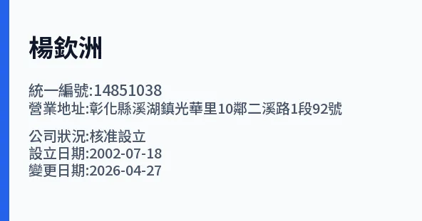 楊欽洲的照片-統編 14851038(彰化縣) 公司登記資料與營業項目詳細圖表