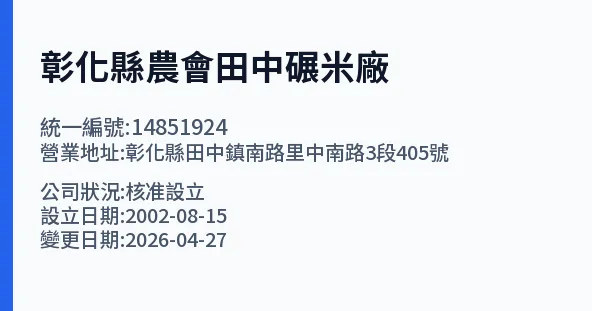 彰化縣農會田中碾米廠的照片-統編 14851924(彰化縣) 公司登記資料與營業項目詳細圖表