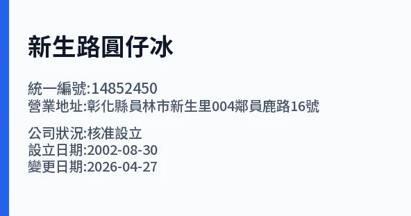 新生路圓仔冰的照片-統編 14852450(彰化縣) 公司登記資料與營業項目詳細圖表