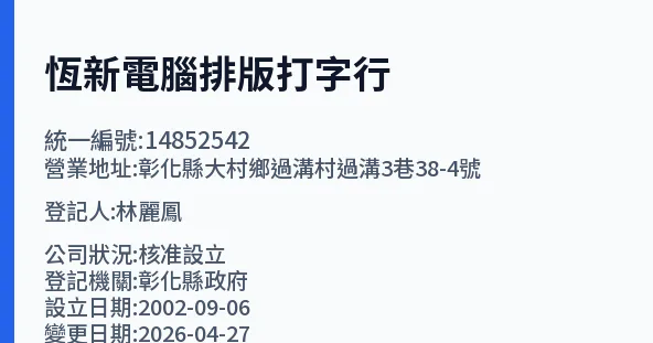 恆新電腦排版打字行的照片-統編 14852542(彰化縣) 公司登記資料與營業項目詳細圖表