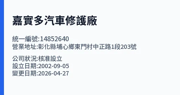 嘉實多汽車修護廠的照片-統編 14852640(彰化縣) 公司登記資料與營業項目詳細圖表