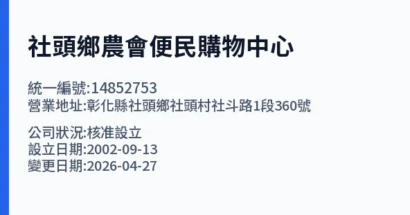 社頭鄉農會便民購物中心的照片-統編 14852753(彰化縣) 公司登記資料與營業項目詳細圖表