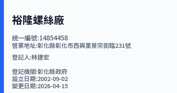 裕隆螺絲廠的照片-統編 14854458(彰化縣) 公司登記資料與營業項目詳細圖表