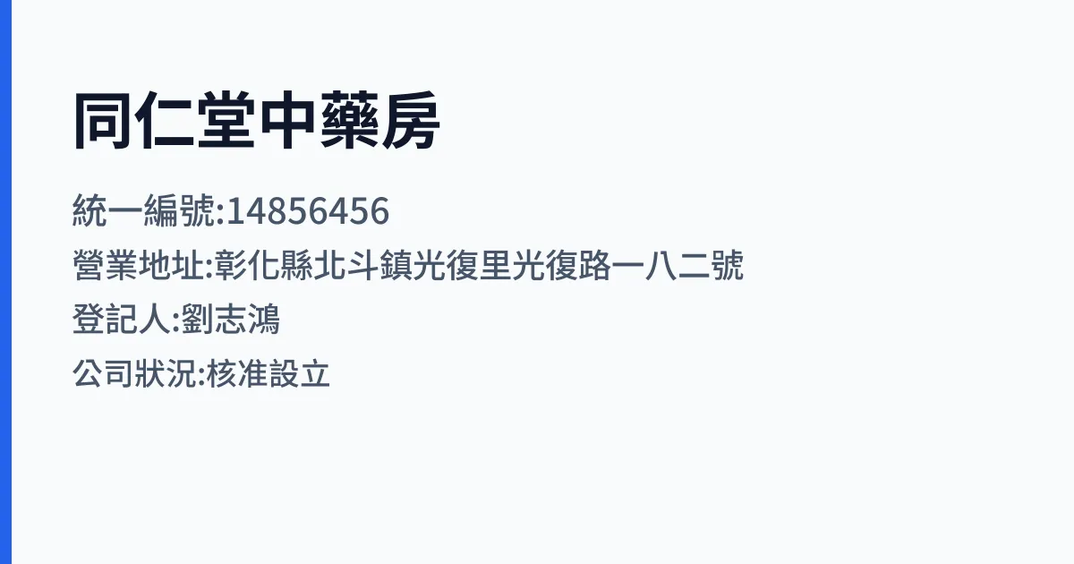 同仁堂中藥房 - 統編 14856456(彰化縣) 公司登記資料與營業項目詳細圖表