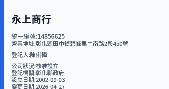 永上商行的照片-統編 14856625(彰化縣) 公司登記資料與營業項目詳細圖表