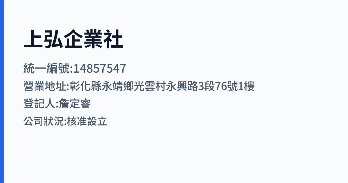 上弘企業社 - 統編 14857547(彰化縣) 公司登記資料與營業項目詳細圖表