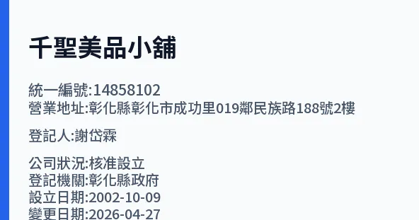 千聖美品小舖的照片-統編 14858102(彰化縣) 公司登記資料與營業項目詳細圖表