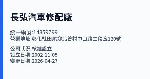 長弘汽車修配廠的照片-統編 14859799(彰化縣) 公司登記資料與營業項目詳細圖表