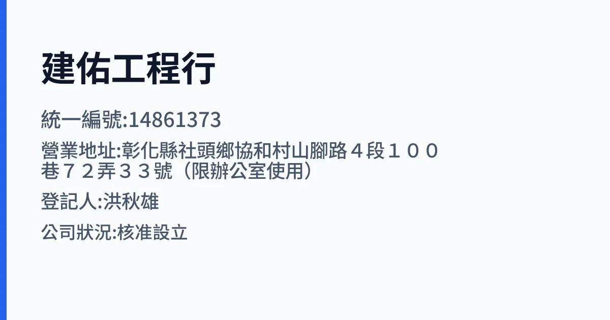 建佑工程行 - 統編 14861373(彰化縣) 公司登記資料與營業項目詳細圖表