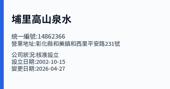 埔里高山泉水的照片-統編 14862366(彰化縣) 公司登記資料與營業項目詳細圖表