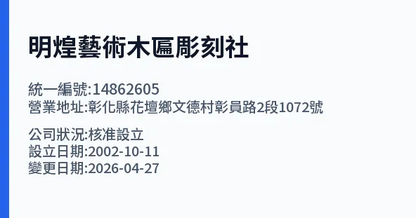 明煌藝術木匾彫刻社的照片-統編 14862605(彰化縣) 公司登記資料與營業項目詳細圖表