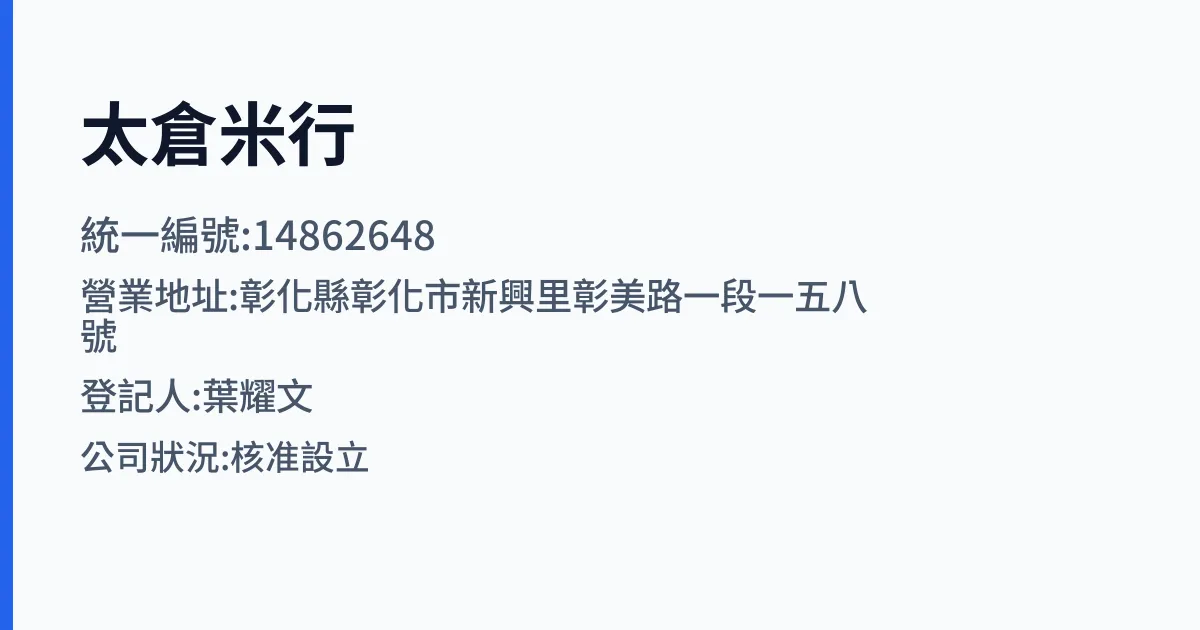 太倉米行 - 統編 14862648(彰化縣) 公司登記資料與營業項目詳細圖表