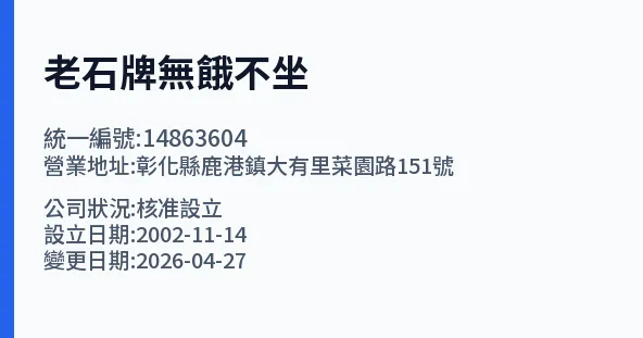 老石牌無餓不坐的照片-統編 14863604(彰化縣) 公司登記資料與營業項目詳細圖表