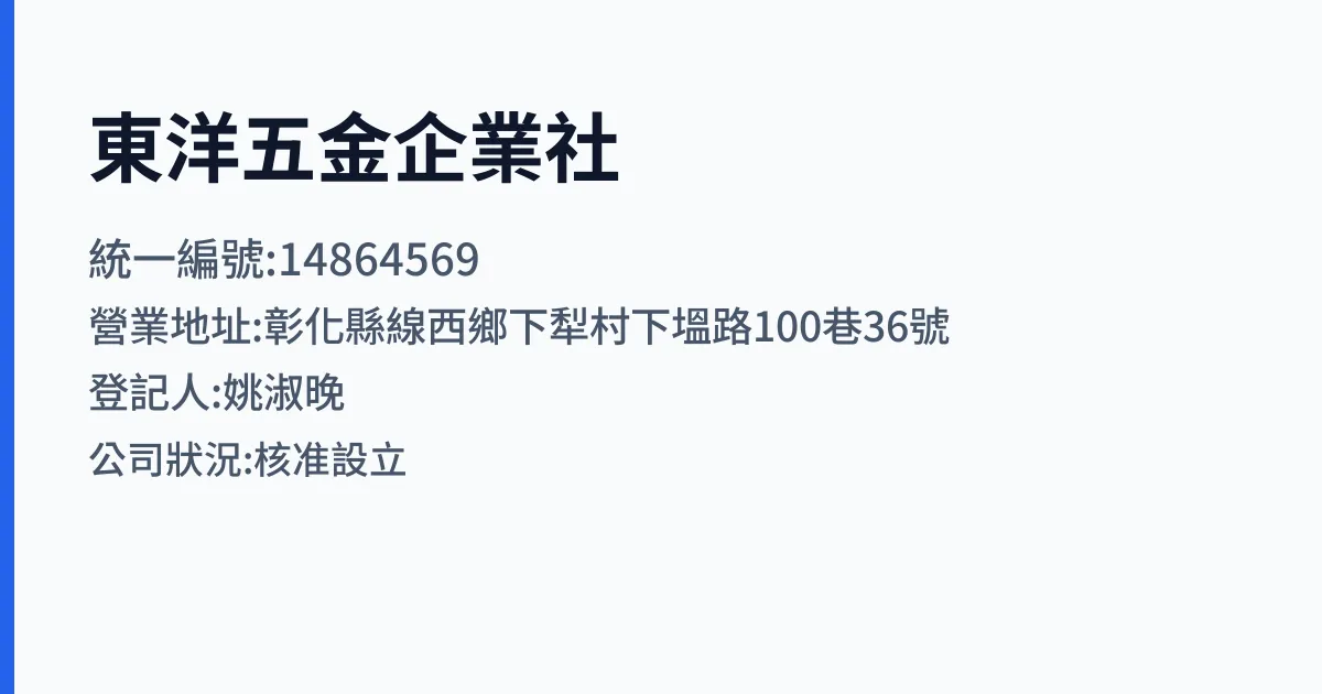東洋五金企業社 - 統編 14864569(彰化縣) 公司登記資料與營業項目詳細圖表