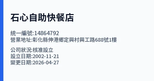 石心自助快餐店的照片-統編 14864792(彰化縣) 公司登記資料與營業項目詳細圖表