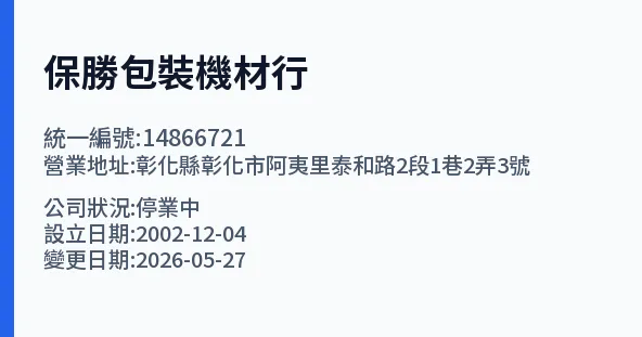 保勝包裝機材行的照片-統編 14866721(彰化縣) 公司登記資料與營業項目詳細圖表