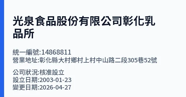 光泉食品股份有限公司彰化乳品所的照片-統編 14868811(彰化縣) 公司登記資料與營業項目詳細圖表