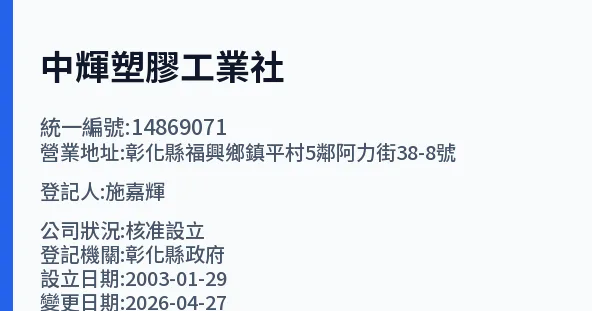 中輝塑膠工業社的照片-統編 14869071(彰化縣) 公司登記資料與營業項目詳細圖表