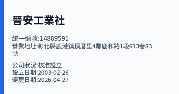 晉安工業社的照片-統編 14869591(彰化縣) 公司登記資料與營業項目詳細圖表