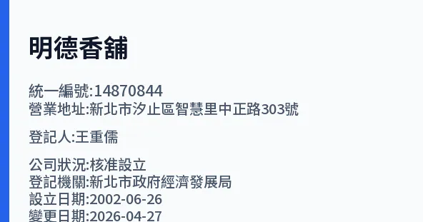 明德香舖的照片-統編 14870844(新北市) 公司登記資料與營業項目詳細圖表