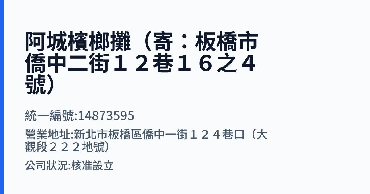 阿城檳榔攤（寄：板橋市僑中二街１２巷１６之４號） - 統編 14873595（新北市） 公司登記資料與營業項目詳細圖表