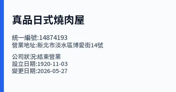 真品日式燒肉屋的照片-統編 14874193(新北市) 公司登記資料與營業項目詳細圖表