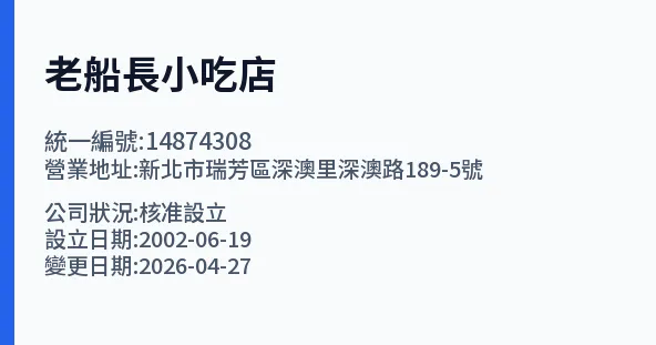 老船長小吃店的照片-統編 14874308(新北市) 公司登記資料與營業項目詳細圖表