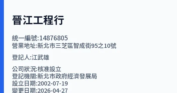 晉江工程行的照片-統編 14876805(新北市) 公司登記資料與營業項目詳細圖表
