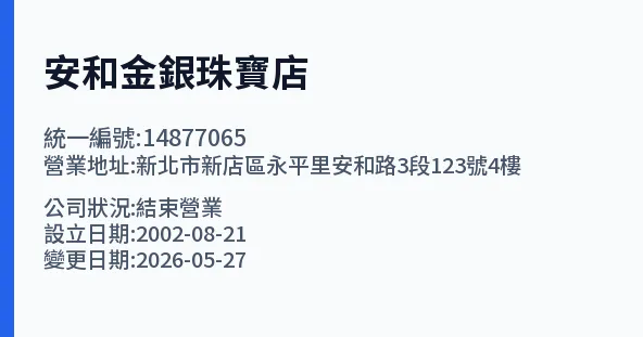 安和金銀珠寶店的照片-統編 14877065(新北市) 公司登記資料與營業項目詳細圖表