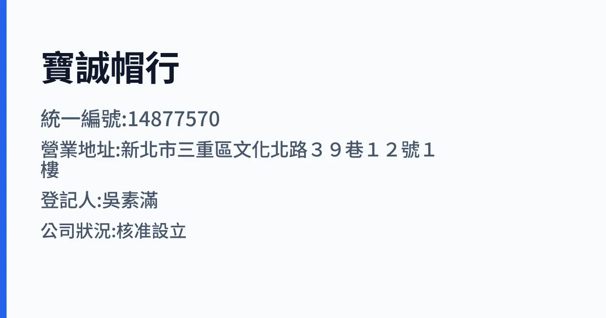 寶誠帽行 - 統編 14877570(新北市) 公司登記資料與營業項目詳細圖表
