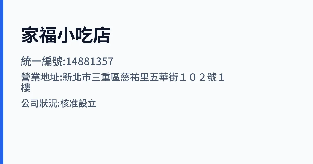家福小吃店 - 統編 14881357(新北市) 公司登記資料與營業項目詳細圖表