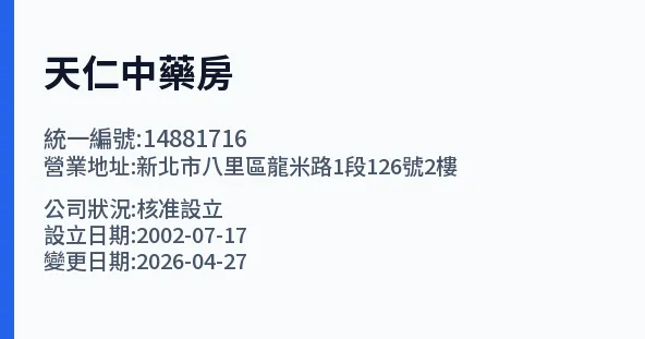 天仁中藥房的照片-統編 14881716(新北市) 公司登記資料與營業項目詳細圖表