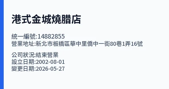 港式金城燒腊店的照片-統編 14882855(新北市) 公司登記資料與營業項目詳細圖表