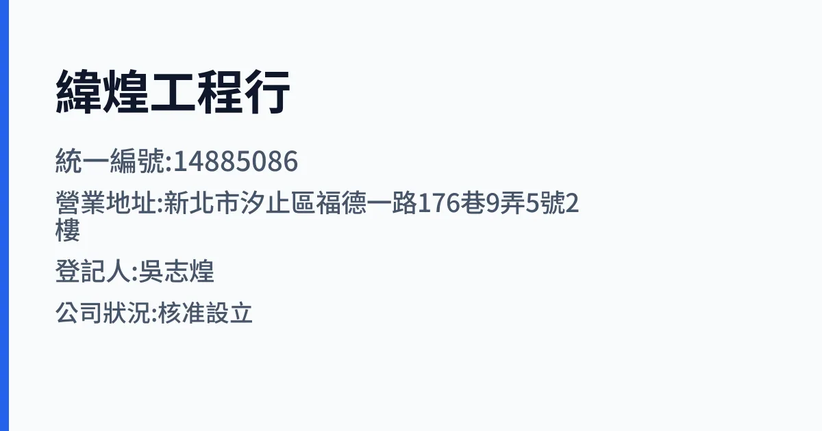 緯煌工程行 - 統編 14885086(新北市) 公司登記資料與營業項目詳細圖表