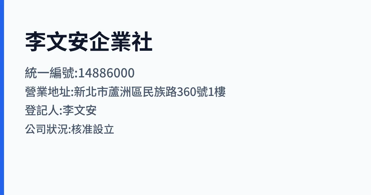 李文安企業社 - 統編 14886000(新北市) 公司登記資料與營業項目詳細圖表
