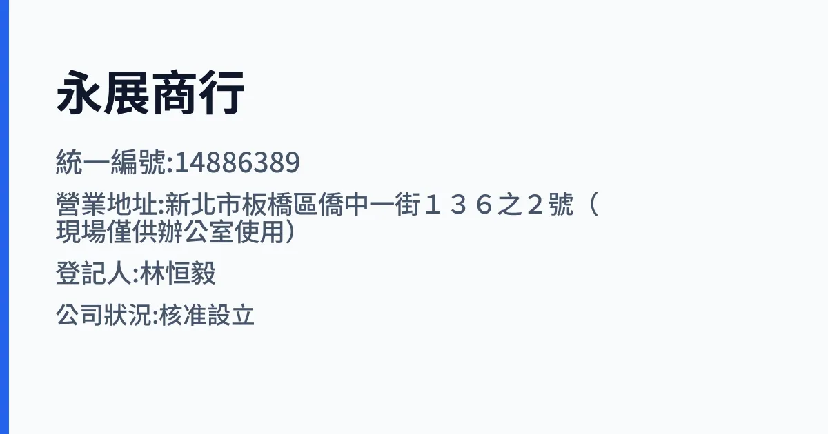 永展商行 - 統編 14886389(新北市) 公司登記資料與營業項目詳細圖表