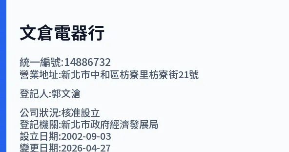 文倉電器行的照片-統編 14886732(新北市) 公司登記資料與營業項目詳細圖表