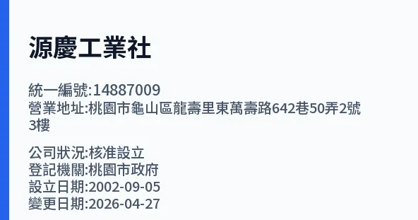 源慶工業社的照片-統編 14887009(桃園市) 公司登記資料與營業項目詳細圖表
